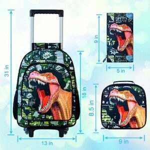 3PCS Rolling Backpack for Boys, Kids Roller Wheeled Dinosaur Bookbag and Lunch Box, Cool School Backpacks with Wheels for Elementary Teen