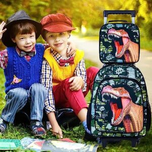 3PCS Rolling Backpack for Boys, Kids Roller Wheeled Dinosaur Bookbag and Lunch Box, Cool School Backpacks with Wheels for Elementary Teen