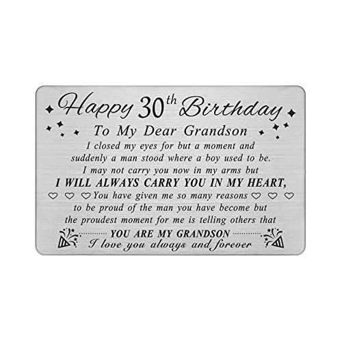 DEGASKEN Grandson 30th Birthday Card - Birthday Gifts for 30 Year Old Grandson - 30th Birthday Decorations for Grandson, Personalized Engraved Wallet card