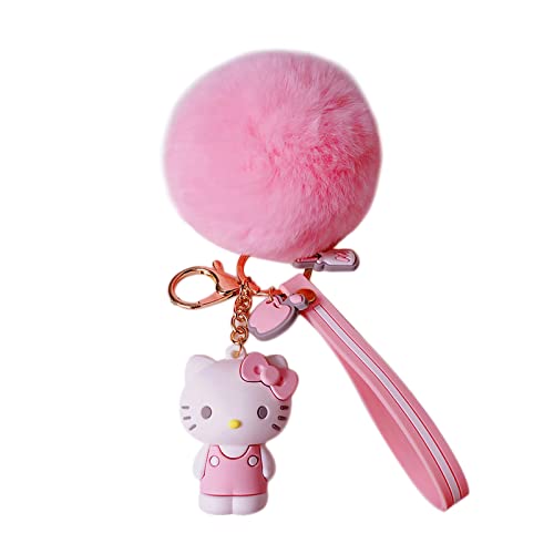 Tonsamvo Cute Keychains for Women/Girls, Kawaii Anime Pom Pom Key Chain Accessories Wristlet Keychain for Backpack Handbag Car Keys