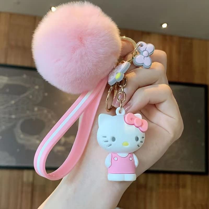 Tonsamvo Cute Keychains for Women/Girls, Kawaii Anime Pom Pom Key Chain Accessories Wristlet Keychain for Backpack Handbag Car Keys