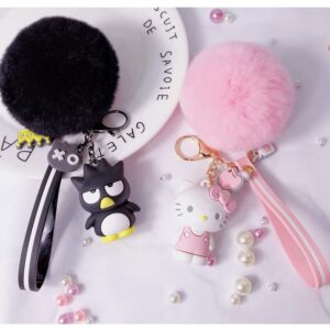 Tonsamvo Cute Keychains for Women/Girls, Kawaii Anime Pom Pom Key Chain Accessories Wristlet Keychain for Backpack Handbag Car Keys