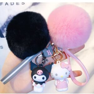 Tonsamvo Cute Keychains for Women/Girls, Kawaii Anime Pom Pom Key Chain Accessories Wristlet Keychain for Backpack Handbag Car Keys