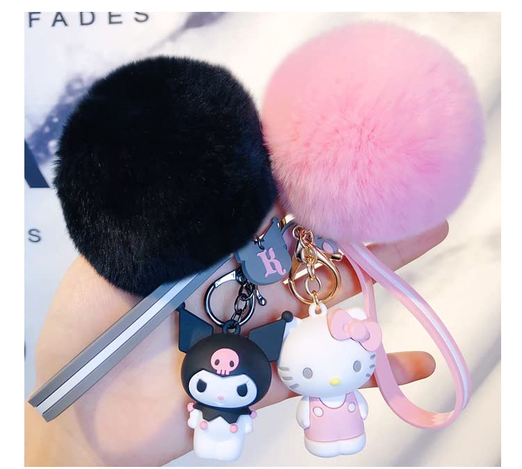 Tonsamvo Cute Keychains for Women/Girls, Kawaii Anime Pom Pom Key Chain Accessories Wristlet Keychain for Backpack Handbag Car Keys