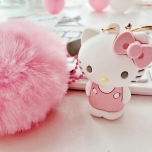 Tonsamvo Cute Keychains for Women/Girls, Kawaii Anime Pom Pom Key Chain Accessories Wristlet Keychain for Backpack Handbag Car Keys