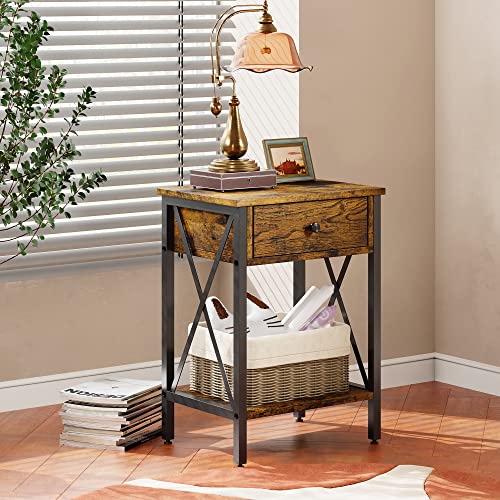 Vongrasig Nightstand with Wooden Drawer and Storage Shelf, Narrow Side Table for Small Spaces with Industrial Steel Frame, Modern Bedside End Tables with Drawer for Bedroom, Living Room, Rustic Brown