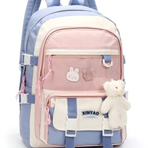 Phaoullzon Kawaii Backpack for School Aesthetic Bookbag Cute Anime Backpacks for Girls with Pins and Pendant, Blue