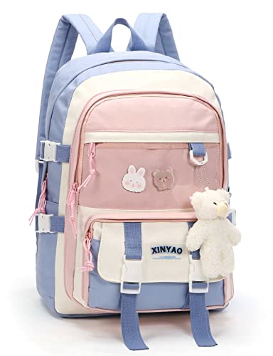 Phaoullzon Kawaii Backpack for School Aesthetic Bookbag Cute Anime Backpacks for Girls with Pins and Pendant, Blue