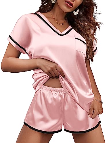 Ekouaer Satin Pajamas for Women's Soft Short Sleeve V-Neck Silk Loungewear Sexy Pjs Set Pink