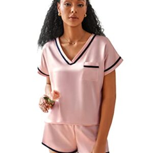 Ekouaer Satin Pajamas for Women's Soft Short Sleeve V-Neck Silk Loungewear Sexy Pjs Set Pink