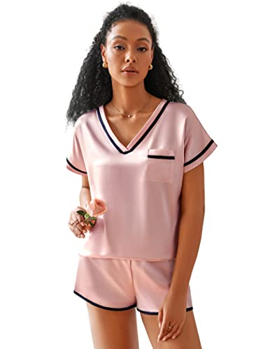 Ekouaer Satin Pajamas for Women's Soft Short Sleeve V-Neck Silk Loungewear Sexy Pjs Set Pink