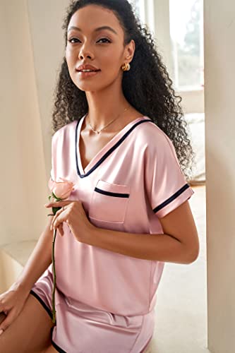 Ekouaer Satin Pajamas for Women's Soft Short Sleeve V-Neck Silk Loungewear Sexy Pjs Set Pink