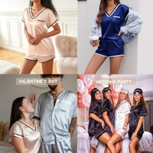 Ekouaer Satin Pajamas for Women's Soft Short Sleeve V-Neck Silk Loungewear Sexy Pjs Set Pink