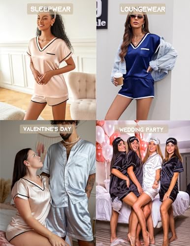 Ekouaer Satin Pajamas for Women's Soft Short Sleeve V-Neck Silk Loungewear Sexy Pjs Set Pink