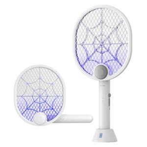 buzbug electric fly swatter, type-c rechargeable bug zapper racket with charging base, foldable bug zapper for indoor and outdoor, mosquito swatter with blue-purple working light