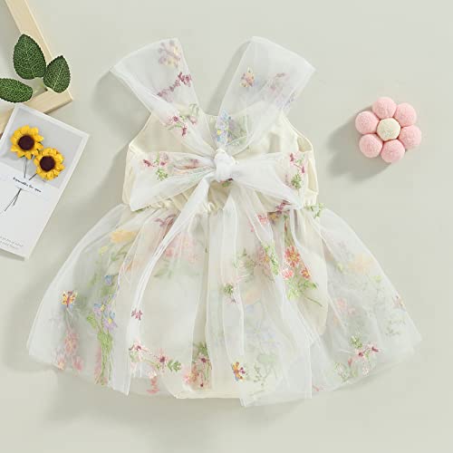 Baby Girl Lace Tulle Romper Dress Sleeveless Flower Embroidery Mesh Tutu Princess Dress Fluffy Brithday Photoshoot (Creamy Yellow, 12-18 Months)