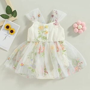 Baby Girl Lace Tulle Romper Dress Sleeveless Flower Embroidery Mesh Tutu Princess Dress Fluffy Brithday Photoshoot (Creamy Yellow, 12-18 Months)