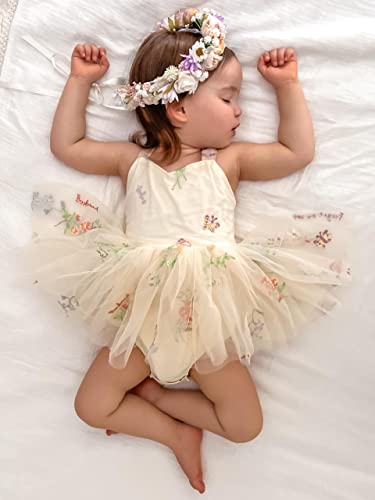 Baby Girl Lace Tulle Romper Dress Sleeveless Flower Embroidery Mesh Tutu Princess Dress Fluffy Brithday Photoshoot (Creamy Yellow, 12-18 Months)