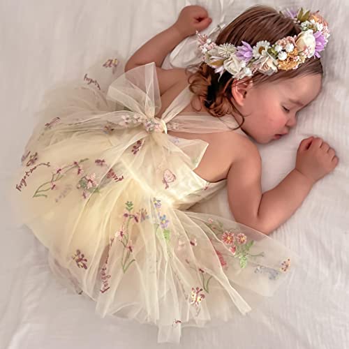 Baby Girl Lace Tulle Romper Dress Sleeveless Flower Embroidery Mesh Tutu Princess Dress Fluffy Brithday Photoshoot (Creamy Yellow, 12-18 Months)