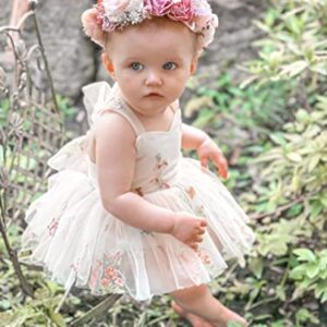 Baby Girl Lace Tulle Romper Dress Sleeveless Flower Embroidery Mesh Tutu Princess Dress Fluffy Brithday Photoshoot (Creamy Yellow, 12-18 Months)