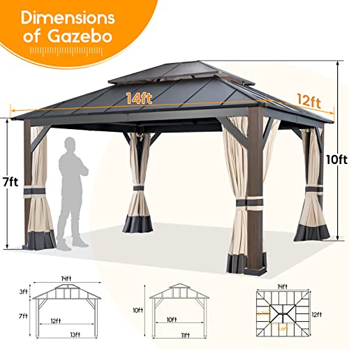 Warmally 12'×14' Hardtop Gazebo with Stable Support Posts, Outdoor Metal Gazebo with Nettings and Curtains Fast-Splicing Aluminum Structure for Patio Backyard Deck and Lawns