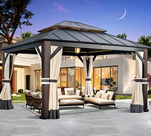 Warmally 12'×14' Hardtop Gazebo with Stable Support Posts, Outdoor Metal Gazebo with Nettings and Curtains Fast-Splicing Aluminum Structure for Patio Backyard Deck and Lawns