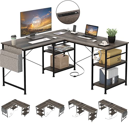 Tbfit L Shaped Desk with Storage Shelves, Reversible Coner Desk Office Desk,Large Computer Gaming Desk Workstation with Power Outlet,2 Person Long Writing Study Table(Misty Gray)