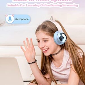 Bluetooth Headphones for Kids, Kid Odessey Cat Ears Wireless Kids Headphones, Bluetooth 5.3, 50H Playtime, 84/94dB Volume Limited, Colorful LED Lights, Built-in Mic Over-Ear Headsets for iPad/Tablet