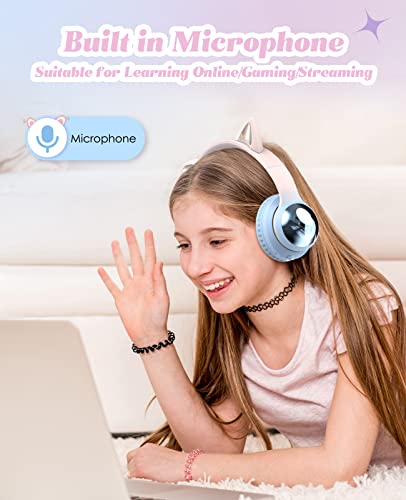 Bluetooth Headphones for Kids, Kid Odessey Cat Ears Wireless Kids Headphones, Bluetooth 5.3, 50H Playtime, 84/94dB Volume Limited, Colorful LED Lights, Built-in Mic Over-Ear Headsets for iPad/Tablet