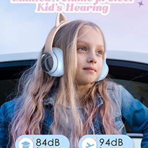 Bluetooth Headphones for Kids, Kid Odessey Cat Ears Wireless Kids Headphones, Bluetooth 5.3, 50H Playtime, 84/94dB Volume Limited, Colorful LED Lights, Built-in Mic Over-Ear Headsets for iPad/Tablet