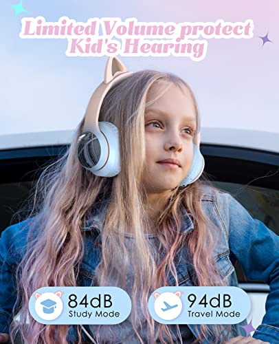 Bluetooth Headphones for Kids, Kid Odessey Cat Ears Wireless Kids Headphones, Bluetooth 5.3, 50H Playtime, 84/94dB Volume Limited, Colorful LED Lights, Built-in Mic Over-Ear Headsets for iPad/Tablet