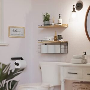 WOPITUES Floating Shelves with Bathroom Wall Décor Sign, Wood Floating Bathroom Shelves Over Toilet with Toilet Paper Storage Basket Set of 3, Floating Shelf with Guardrail for Wall Décor–Light Brown