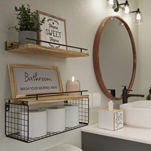 WOPITUES Floating Shelves with Bathroom Wall Décor Sign, Wood Floating Bathroom Shelves Over Toilet with Toilet Paper Storage Basket Set of 3, Floating Shelf with Guardrail for Wall Décor–Light Brown