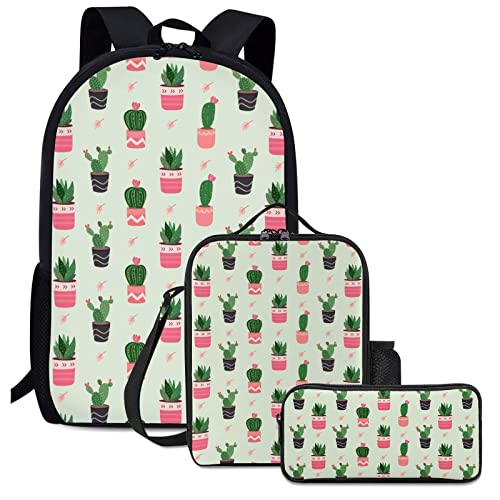 Acvbaty Cactus School Backpack for Girls, Classic Cute Kids Backpack Set with Lunch Box Pencil Case, Aesthetic Lightweight School Bookbag Set for Teen Girl Elementary High School Student