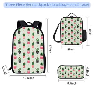 Acvbaty Cactus School Backpack for Girls, Classic Cute Kids Backpack Set with Lunch Box Pencil Case, Aesthetic Lightweight School Bookbag Set for Teen Girl Elementary High School Student