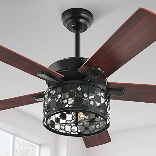 YITAHOME Ceiling Fans with Light and Wall Switch Remote, 52 Inch Modern Farmhouse Outdoor Fan with 2 Bulbs, Clear Crystal Glass, Quiet Reversible Motor, for Bedroom Patio Indoor, Black & Walnut