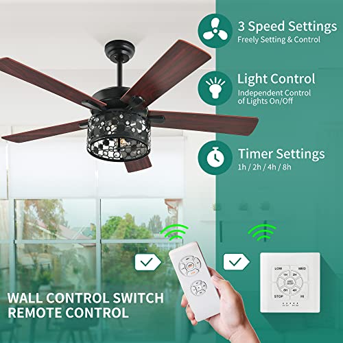 YITAHOME Ceiling Fans with Light and Wall Switch Remote, 52 Inch Modern Farmhouse Outdoor Fan with 2 Bulbs, Clear Crystal Glass, Quiet Reversible Motor, for Bedroom Patio Indoor, Black & Walnut