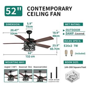 YITAHOME Ceiling Fans with Light and Wall Switch Remote, 52 Inch Modern Farmhouse Outdoor Fan with 2 Bulbs, Clear Crystal Glass, Quiet Reversible Motor, for Bedroom Patio Indoor, Black & Walnut