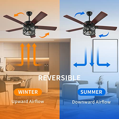 YITAHOME Ceiling Fans with Light and Wall Switch Remote, 52 Inch Modern Farmhouse Outdoor Fan with 2 Bulbs, Clear Crystal Glass, Quiet Reversible Motor, for Bedroom Patio Indoor, Black & Walnut