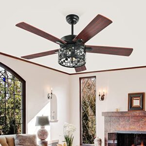 YITAHOME Ceiling Fans with Light and Wall Switch Remote, 52 Inch Modern Farmhouse Outdoor Fan with 2 Bulbs, Clear Crystal Glass, Quiet Reversible Motor, for Bedroom Patio Indoor, Black & Walnut