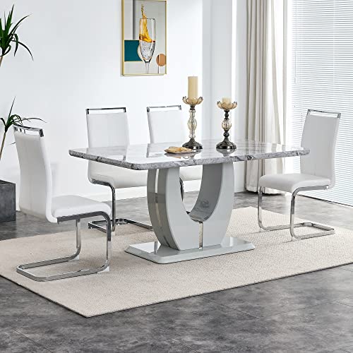 Pvillez 5 Pcs Dining Table Set, 63" Modern Grey Imitation Marble Grain Rectangular Dining Table & 4 C-Shaped Tube Chrome PU Faux Leather Upholstered White Dining Chairs for Dining Room Living Room