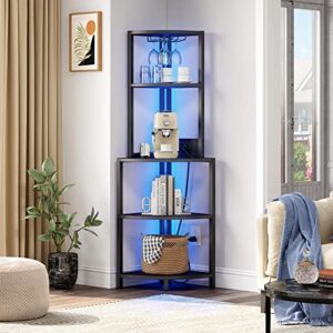 yitahome corner shelf with power outlets & led lights & glass holder, 5 tier corner bar rack, corner bookshelf bookcase display shelves for living room, dining room, kitchen, black