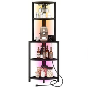 YITAHOME Corner Shelf with Power Outlets & LED Lights & Glass Holder, 5 Tier Corner Bar Rack, Corner Bookshelf Bookcase Display Shelves for Living Room, Dining Room, Kitchen, Black