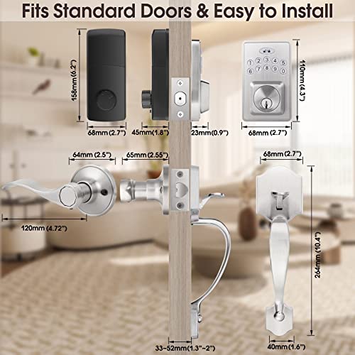 Tinewa Electronic Keypad Deadbolt, Front Door Handle Sets, Keyless Entry Door Deadbolt with Lever Handle, Digital Keypad Deadbolt, Auto Lock, Code Door Lock, Satin Nickel