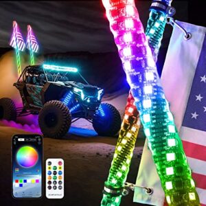 3ft-2pc led whip lights for utv rgb chasing/dancing light remote control app-supported, 600+ color mode combinations, rgb chasing lighted antenna whips for utv, atv, truck, dune buggy