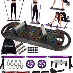 HOTWAVE Portable Home Gym with 16 Fitness Accessories,Pushups Board with Resistance Band,Ab Roller for Abs Workout,Pilates Bar Kit,All-in-One Exercise System for Man and Women