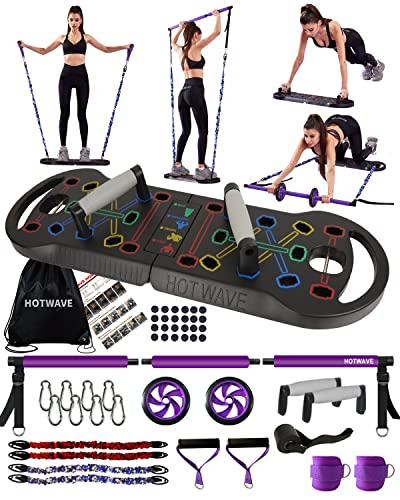 HOTWAVE Portable Home Gym with 16 Fitness Accessories,Pushups Board with Resistance Band,Ab Roller for Abs Workout,Pilates Bar Kit,All-in-One Exercise System for Man and Women