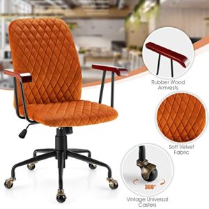 COSTWAY Orange Velvet Office Chair, Upholstered Home Leisure Chair with Rubber Wood Armrests & 5-Claw Metal Base, Vintage Mid-Back Computer Desk Chair for Adult, Home, Office, Study