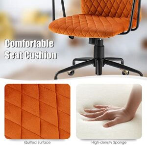 COSTWAY Orange Velvet Office Chair, Upholstered Home Leisure Chair with Rubber Wood Armrests & 5-Claw Metal Base, Vintage Mid-Back Computer Desk Chair for Adult, Home, Office, Study