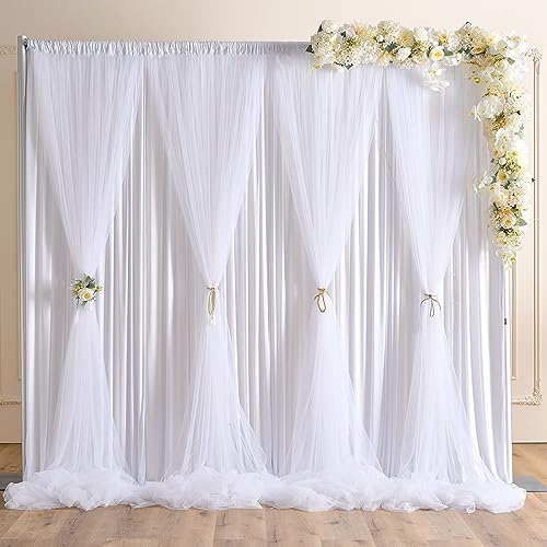 10ft x 10ft White Tulle Backdrop Curtain Panels, Dual Layer Wrinkle Free White Curtain Backdrop Tulle Drapes for Wedding Parties Birthday Graduation Photography Home Decorations